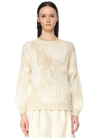 Brunello Cucinelli Kadın Ekru Bisiklet Yaka İşlemeli Örgü Kazak Bej XS EU