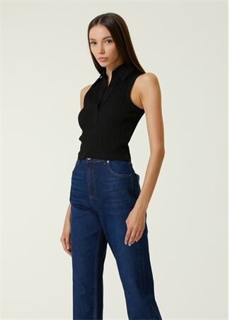 Helmut Lang Kadın Siyah Polo Yaka Ribli Kolsuz Bluz S EU