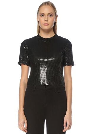 Les Benjamins Kadın Siyah İşlemeli Crop T-shirt XS EU