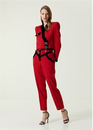 Raisa Vanessa Kadın Kırmızı Siyah Taşlı Düğmeli Pantolon 38 EU