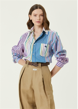 Etro Kadın Mavi Patchwork Çizgi Desenli Gömlek XS EU