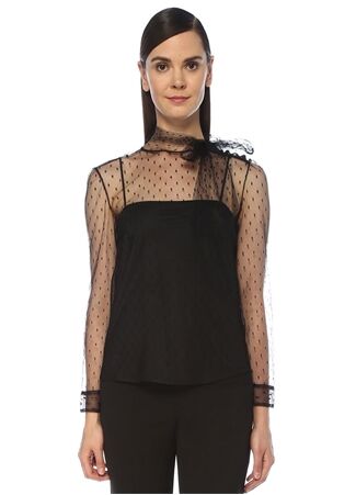 Red Valentino Kadın Siyah Yakası Bağcıklı Tül Garnili Bluz 44 IT