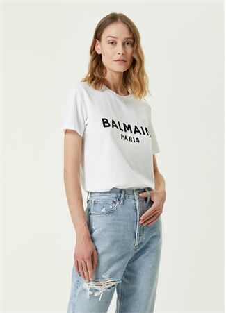 Balmain Kadın Beyaz Bisiklet Yaka Logolu T-shirt S EU