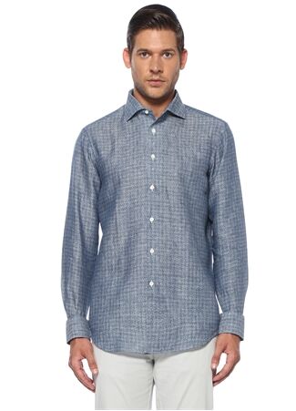 Pal Zileri Erkek Mavi Kazayağı Desenli Keten Gömlek 39 IT