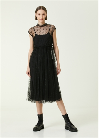 Allsaints Kadın Arya Siyah Tül Detaylı Puantiyeli Midi Elbise 6 UK