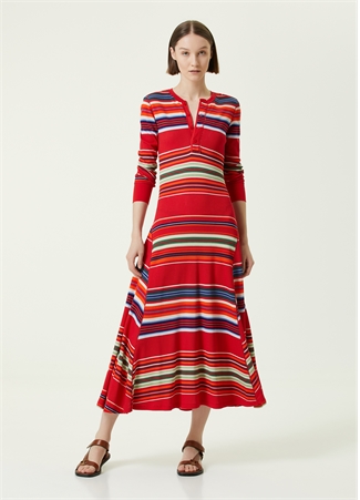 Polo Ralph Lauren Kadın Kırmızı Bisiklet Yaka Çizgili Midi Elbise L Eu