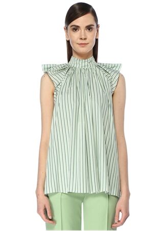Victoria by Beckham Kadın Yeşil Dik Yaka Çizgili Büzgülü Kolsuz Bluz 8 US