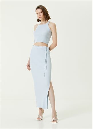 Aya Muse Kadın Mavi Yırtmaç Detaylı Midi Etek XS EU