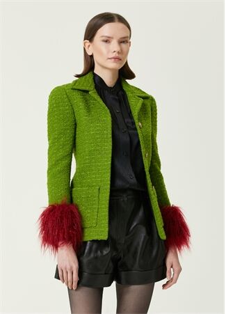 Kadın Yeşil Şeftali Garnili Yün Tweed Ceket 36 IT