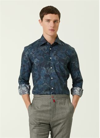 Kiton Erkek Mavi Çiçek Desenli Gömlek XXL EU