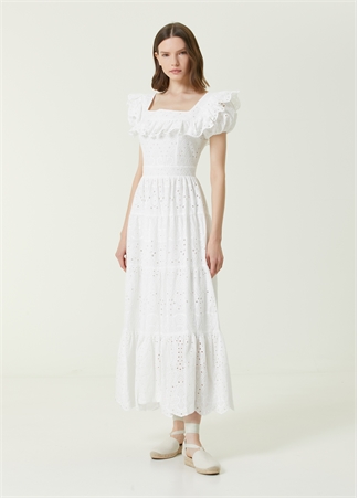 Faraway Kadın Prairie Yakası Fırfırlı Organik Pamuk Maksi Elbise Beyaz 42 EU
