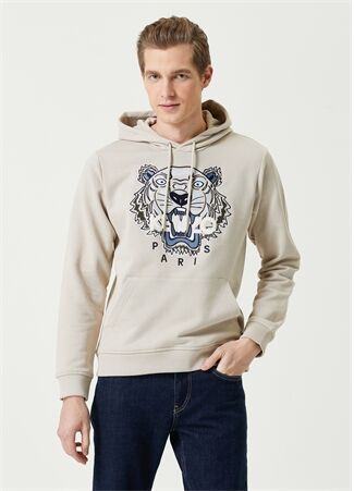 Kenzo Erkek Bej Kapüşonlu Kaplan Nakışlı Logolu Sweatshirt XS EU
