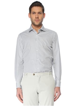 Pal Zileri Erkek Gri İngiliz Yaka Çizgili Gömlek Beyaz 40 IT