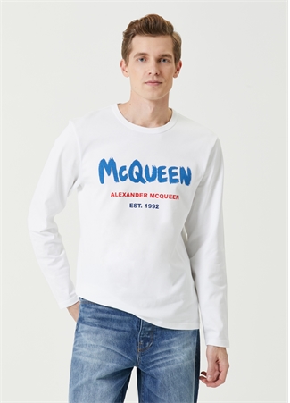 Alexander McQueen Erkek Beyaz Bisiklet Yaka Logolu Uzun Kol T-shirt S EU Alexander McQueen Erkek Beyaz Bisiklet Yaka Logolu Uzun Kol T-shirt S EU