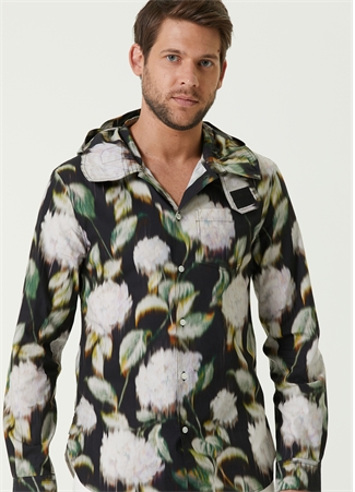 Kenzo Erkek Siyah Kapüşonlu Çiçek Desenli Gömlek M EU