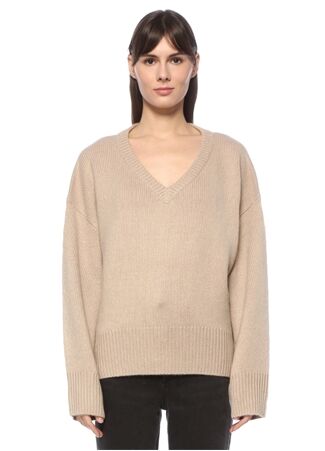 Arch4 Kadın Vizon V Yaka Kaşmir Kazak Bej S EU