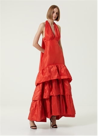 Johanna Ortiz Kadın Kırmızı Halter Yaka Maksi İpek Abiye Elbise 2 US