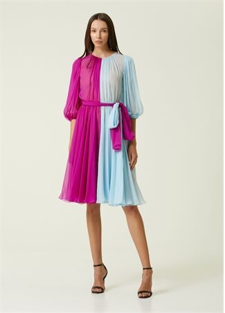 Dolce&Gabbana Kadın Mor Mavi Balon Kollu İpek Mini Elbise 42 IT