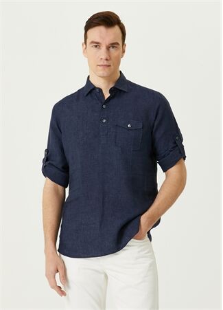 Lardini Erkek Lacivert Keten Gömlek Mavi M EU