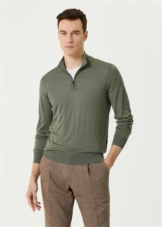 Zegna Erkek Haki Yakası Fermuarlı Yün Kazak 48 It
