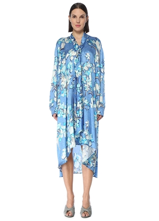 Balenciaga Kadın Mavi Fularlı Çiçekli Asimetrik Midi İpek Elbise 36 IT