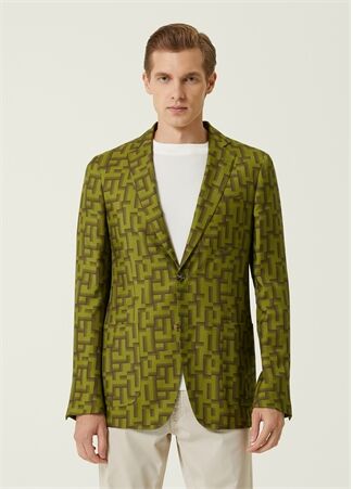 Pal Zileri Erkek Yeşil Kelebek Yaka Geometrik Desenli İpek Ceket 50 IT