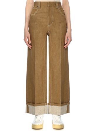 Chloe Kadın Kahverengi Yüksek Bel Paça Detaylı Jean Pantolon 38 IT