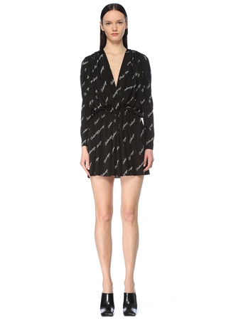 Balenciaga Kadın Siyah V Yaka Logo Desenli Mini Elbise 38 IT