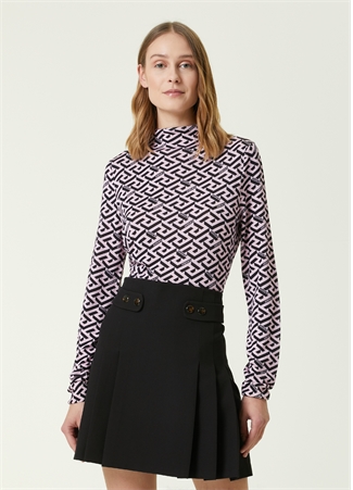 Versace Kadın Pembe Siyah Logo Desenli İpek Bluz 42 IT