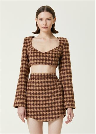 Kalmanovich Kadın Kahverengi Kazayağı Desenli Crop Bluz S EU