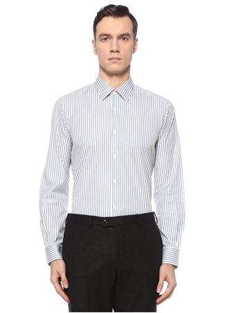 Pal Zileri Erkek Gri Beyaz İngiliz Yaka Çizgili Gömlek 42 IT