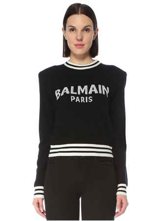 Balmain Kadın Siyah Logo Jakarlı Yün Triko 38 FR
