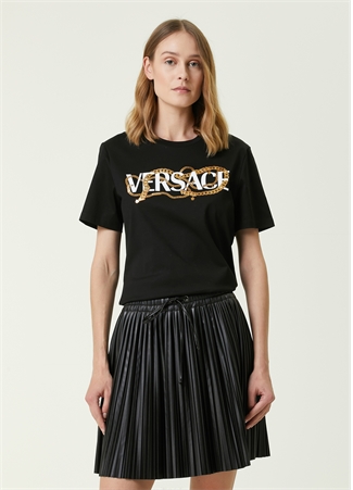 Versace Kadın Siyah Bisiklet Yaka Logolu T-shirt 38 IT