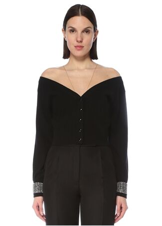 Alexander Wang Kadın Siyah Düşük Omuzlu İşleme Detaylı Yün Kazak L EU