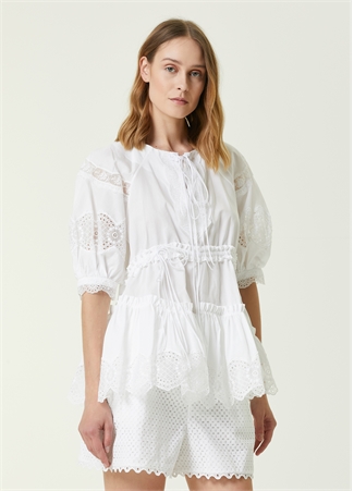 Dice Kayek Kadın Beyaz Dantelli Balon Kol Gömlek 40 EU
