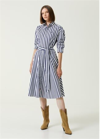 Polo Ralph Lauren Kadın Lacivert Çizgili Midi Gömlek Elbise 0 US