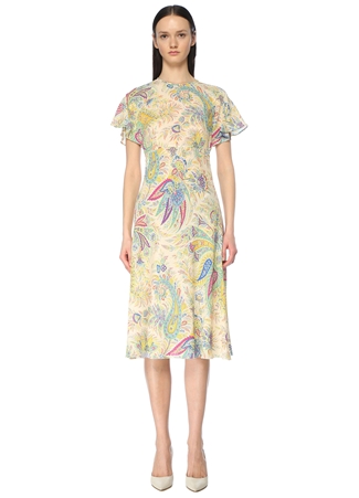 Etro Kadın Ekru Şal Desenli Kısa Kol Midi Elbise 38 IT