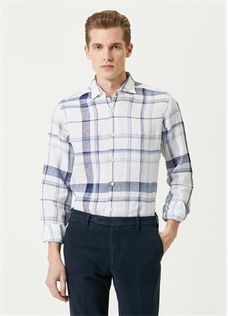 Pal Zileri Erkek Lacivert Ekoseli Keten Gömlek 42 IT