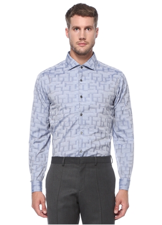 Pal Zileri Erkek Mavi Klasik Yaka Geometrik Desenli Gömlek 39 IT