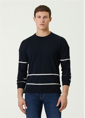 Emporio Armani Erkek Lacivert Şeritli Yün Sweatshirt S EU