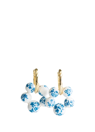 Chasing Pieces Kadın Evil Eye Çiçek Desenli Altın Rengi Kaplama Küpe Mavi EU