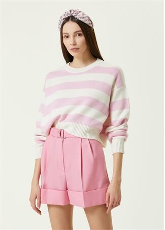 Miu Kadın Pembe Beyaz Çizgili Kaşmir Kazak 42 IT