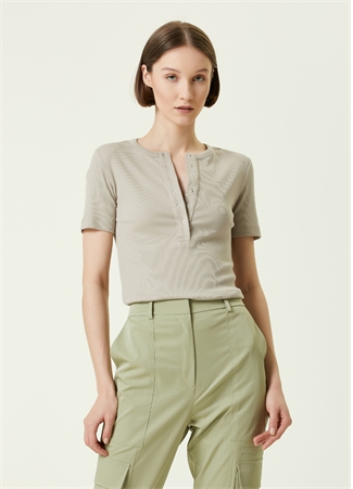 Academia Kadın Vizon Çıtçıt Detaylı Ribanalı T-shirt Bej S EU