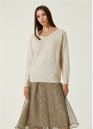 Brunello Cucinelli Kadın Krem V Yaka Zincir Şeritli Kazak Bej S EU Brunello Cucinelli Kadın Krem V Yaka Zincir Şeritli Kazak Bej S EU