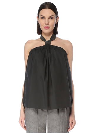 Brunello Cucinelli Kadın Antrasit Zincir Şerit Detaylı Straplez Bluz Gri XS EU