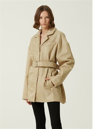 Nanushka Kadın Liban Bej Kelebek Yaka Kemerli Ceket Gri XS EU