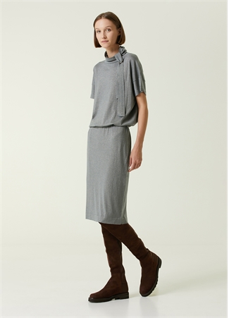 Brunello Cucinelli Kadın Gri Dik Yaka Simli Midi Kaşmir Elbise S EU