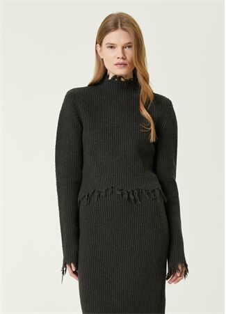 Balenciaga Kadın Koyu Gri Dik Yaka Yıpratma Detaylı Kazak S EU