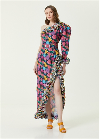 Gül Hürgel Kadın Çiçekli Asimetrik Fırfırlı Maksi Keten Elbise S EU