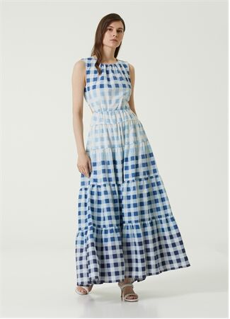 Staud Kadın Riviera Mavi Degrade Kareli Maksi Elbise XS EU